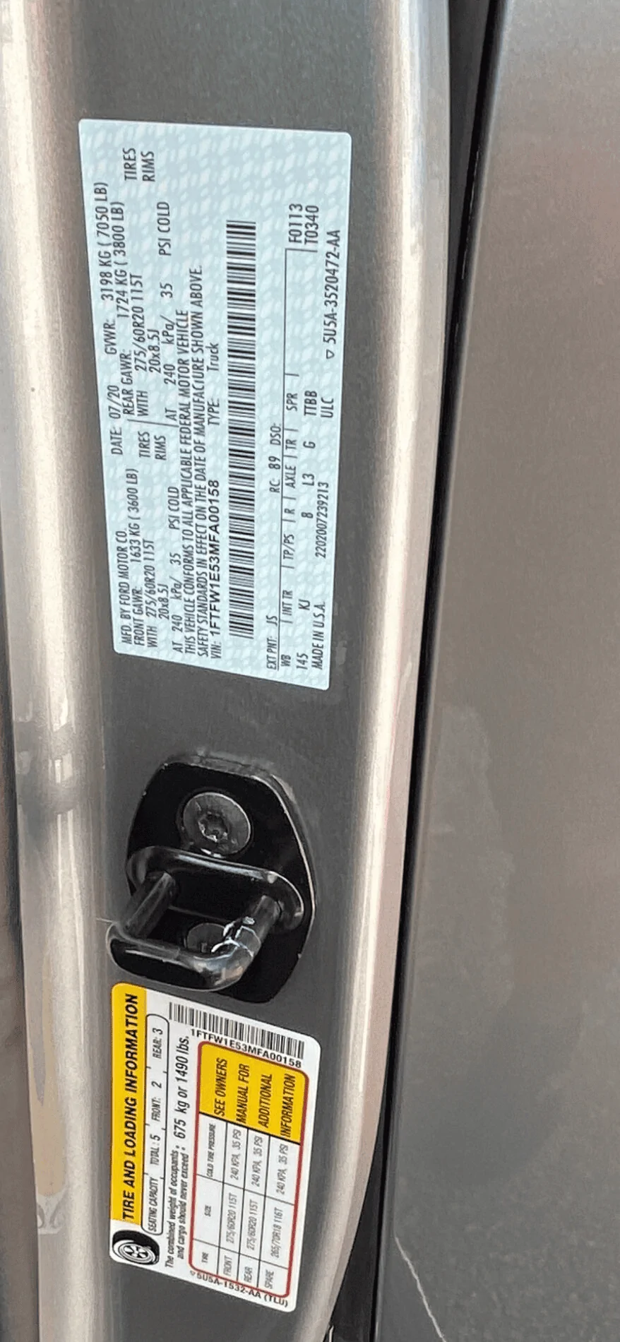 Load sticker #'s from door jam of Extended Range Lightning | Ford ...