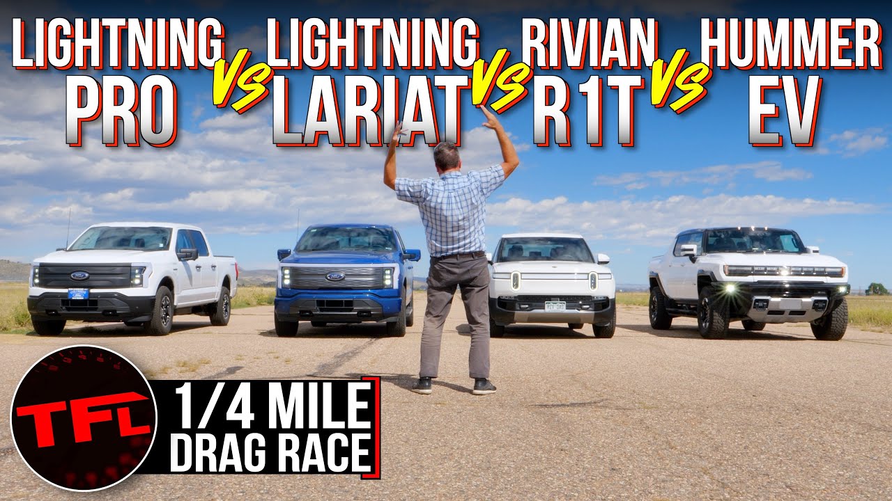 EV Truck Drag Race Between Lightning Pro, Lightning Lariat, Rivian R1T ...